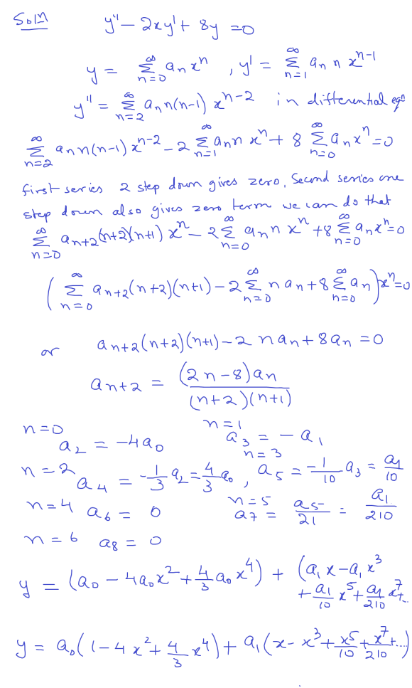 Find A Recurrence Relation Fot The Power Series Solutions Of Differential Equation Y 2xy 8y 0