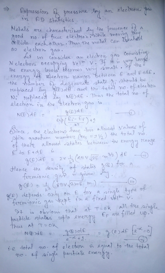 Find The Pressure Exerted By An Electron Gas That Obeys The Fermi Dirac Statistic Calculate The