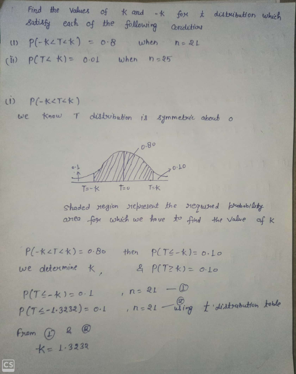 Find The Values Of K And K For T Distribution Which Satisfy Each Of The Following Conditions