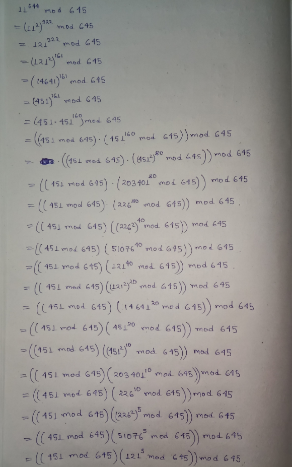 Use Algorithm Modular Exponentiation To Find 11 644 Mod 645 Wizedu
