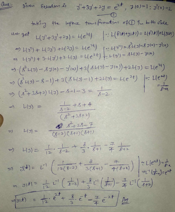 3. Using the method of Laplace transforms solve the IVP: y'' + 3y'+2y ... 3. Using the method of Laplace transforms solve the IVP: y'' + 3y'+2y ...